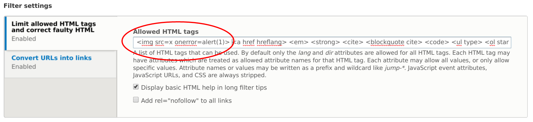 Unfiltered data in "Allowed HTML tags" [#2725255] | Drupal.org